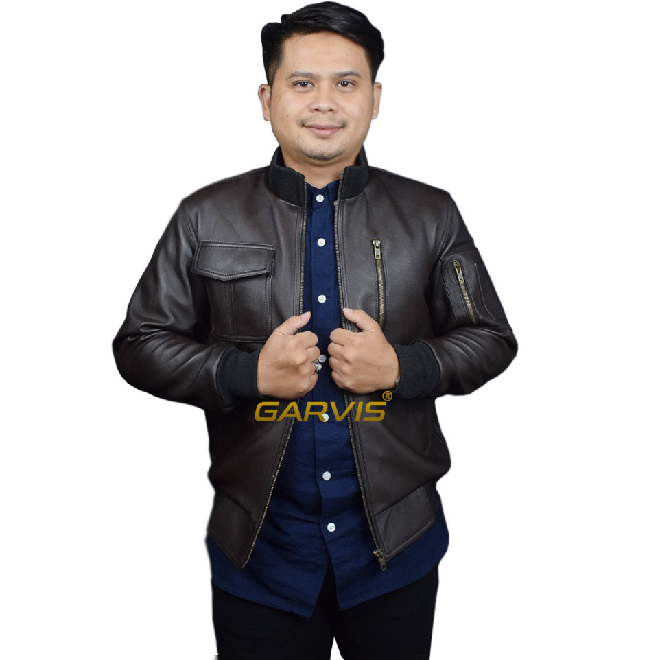 Jual Jaket GVS223 Bomber Wool Hitam - Kulit Asli